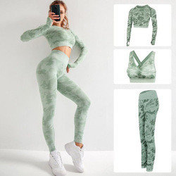 Factory Custom 3 Pcs Women Sports Wear Sets Camouflage Seamless Breathable Bra and long sleeve crop top and Legging yoga wear
