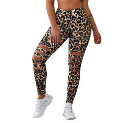 Stylish cheap trousers ladies 2022 summer new leopard print fashion holes and tight nine-point pants women yoga leggings