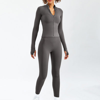 For Women Yoga tree-piece halter neck crop top and long sleeve jacket and Running Leggings High Quality Women's sportswear