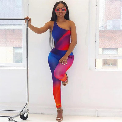 Wholesale Custom one shoulder Sleeveless Printing  High Waist Workout Yogawear Two-piece fitness clothes tracksuit
