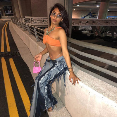 2021 Summer Women's New Fashion Contrast Color yoga pant Street Shooting Tasseled High Waist Casual Sports Denim Trousers