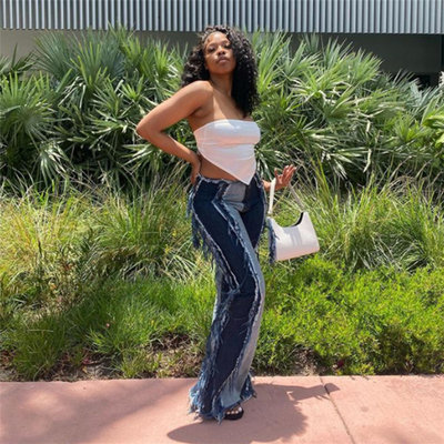 2021 Summer Women's New Fashion Contrast Color yoga pant Street Shooting Tasseled High Waist Casual Sports Denim Trousers