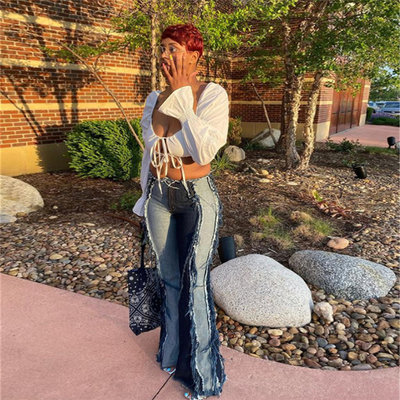 2021 Summer Women's New Fashion Contrast Color yoga pant Street Shooting Tasseled High Waist Casual Sports Denim Trousers