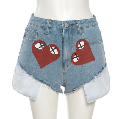 2021 summer new European and American style fashion heart print slim versatile casual sports denim shorts trousers women