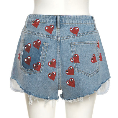 2021 summer new European and American style fashion heart print slim versatile casual sports denim shorts trousers women