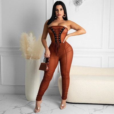 2021 summer women's new fashion sexy solid color low-necked gauze see-through streetwear high-waist tight bandage jumpsuit