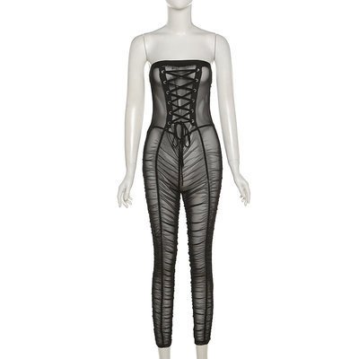 2021 summer women's new fashion sexy solid color low-necked gauze see-through streetwear high-waist tight bandage jumpsuit