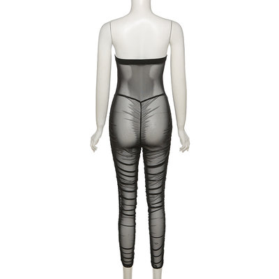 2021 summer women's new fashion sexy solid color low-necked gauze see-through streetwear high-waist tight bandage jumpsuit