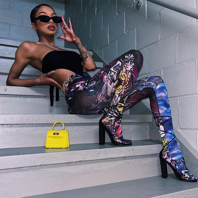 2021 summer women new fashion pants colorful printed high waist tight lift the hips casual sports pantyhose