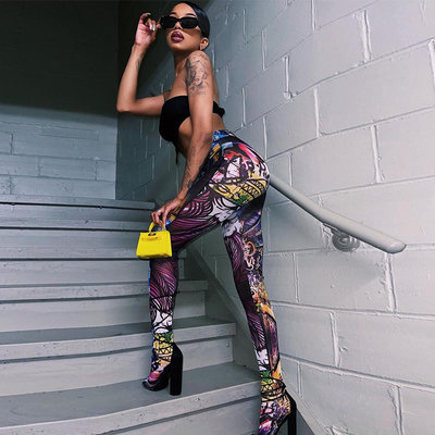 2021 summer women new fashion pants colorful printed high waist tight lift the hips casual sports pantyhose