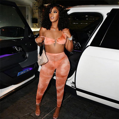 2021 summer European and American style new women's net yarn gym wear tie-dye printing sexy one-shoulder casual sports suit