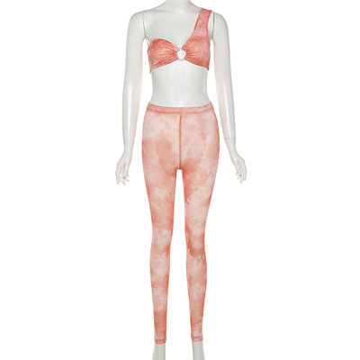 2021 summer European and American style new women's net yarn gym wear tie-dye printing sexy one-shoulder casual sports suit