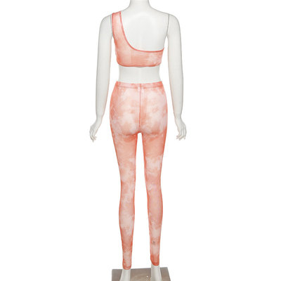 2021 summer European and American style new women's net yarn gym wear tie-dye printing sexy one-shoulder casual sports suit