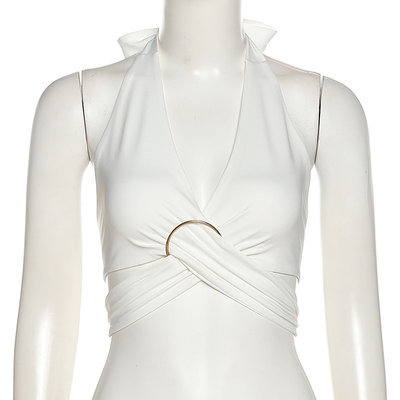 2021 autumn women's new sexy hollow out soild color deep-v vest halter neck slim streetwear Three ways to wear the tops