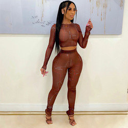 2021 Autumn women Long Sleeve sexy Print Mesh Crop top 2 Piece sport suit See Through tight sports sets leisure Tracksuit