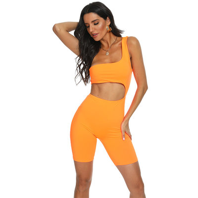 summer new women  sexy openwork slim rompers ladies fashion  bodysuit one shoulder jumpsuit sport suit ems