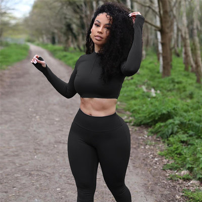 Autumn women's new  solid color long sleeve Crop Top sportswear high waist and butt lift long trousers ladies sports suit