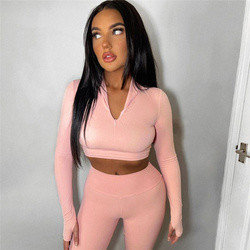 Autumn women's new  solid color long sleeve Crop Top sportswear high waist and butt lift long trousers ladies sports suit