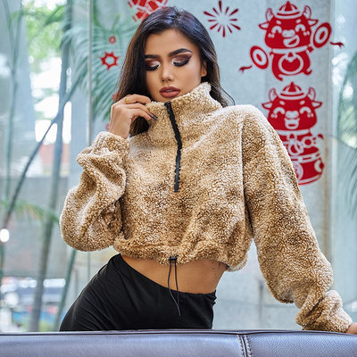 2021 winter ladies sports sexy crop tops Draw string short coat stand collar pullover slim leisure clothing warm streetwear