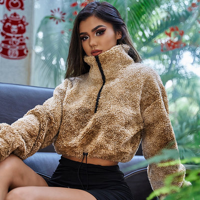 2021 winter ladies sports sexy crop tops Draw string short coat stand collar pullover slim leisure clothing warm streetwear