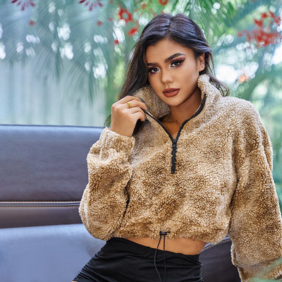 2021 winter ladies sports sexy crop tops Draw string short coat stand collar pullover slim leisure clothing warm streetwear