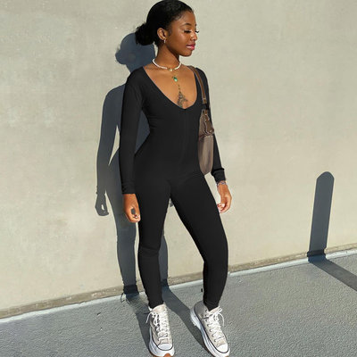 Women autumn fitness clothes sexy low collar long sleeve sport set high waist butt lift gym tight Jumpsuits
