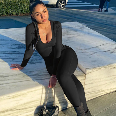 Women autumn fitness clothes sexy low collar long sleeve sport set high waist butt lift gym tight Jumpsuits