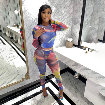 wholesale ladies long sleeve gym wear sexy net yarn perspective printing tight sportswear casual two-piece  jumpsuit