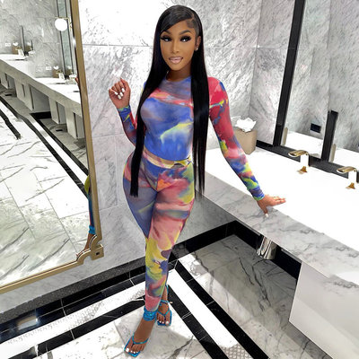 wholesale ladies long sleeve gym wear sexy net yarn perspective printing tight sportswear casual two-piece  jumpsuit