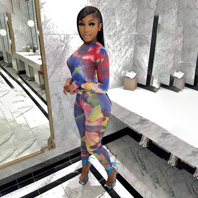 wholesale ladies long sleeve gym wear sexy net yarn perspective printing tight sportswear casual two-piece  jumpsuit