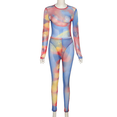 wholesale ladies long sleeve gym wear sexy net yarn perspective printing tight sportswear casual two-piece  jumpsuit