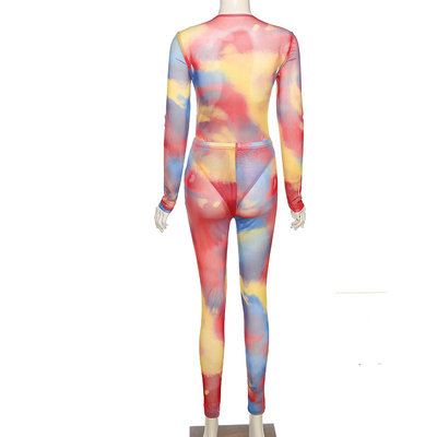wholesale ladies long sleeve gym wear sexy net yarn perspective printing tight sportswear casual two-piece  jumpsuit