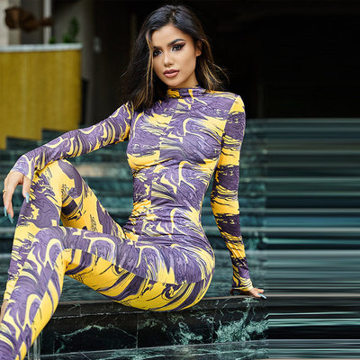 Wholesale Custom 2021 Autumn Female New Fashion Yoga Sets Print High Waist Hip Lifting Tight Outdoor Sport Jumpsuits