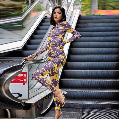 Wholesale Custom 2021 Autumn Female New Fashion Yoga Sets Print High Waist Hip Lifting Tight Outdoor Sport Jumpsuits