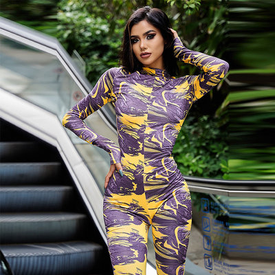 Wholesale Custom 2021 Autumn Female New Fashion Yoga Sets Print High Waist Hip Lifting Tight Outdoor Sport Jumpsuits