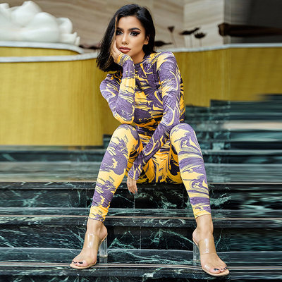 Wholesale Custom 2021 Autumn Female New Fashion Yoga Sets Print High Waist Hip Lifting Tight Outdoor Sport Jumpsuits