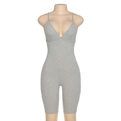 women strapless sports set skinny yoga set bodysuit solid color backless fitness clothing deep V-collar  jumpsuit