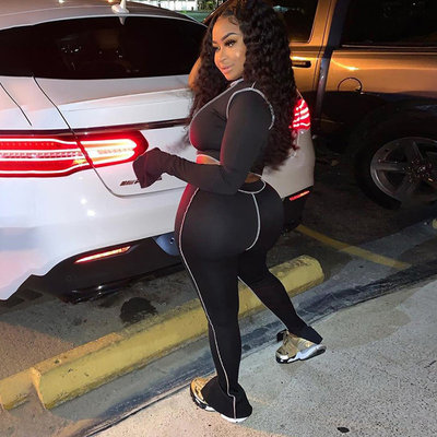 women black striped sportswear long sleeves crop top 2 pieces irregular sports set