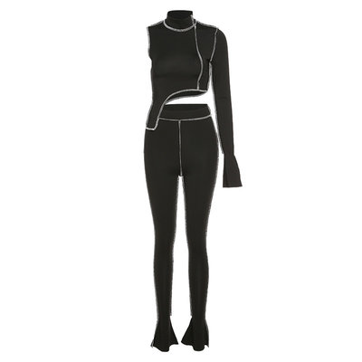 women black striped sportswear long sleeves crop top 2 pieces irregular sports set