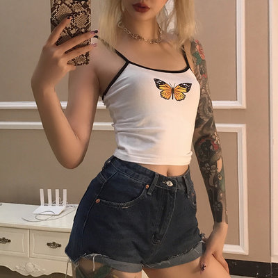 new fashion tie-dye color butterfly printed  slim crop top women summer tank