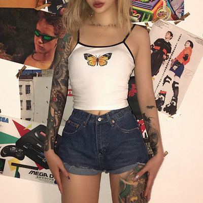 new fashion tie-dye color butterfly printed  slim crop top women summer tank