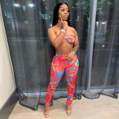 2021 new summer sexy halter tops 2 pieces women yoga set with long pant casual printed sportswear ladies workout fitness clothes