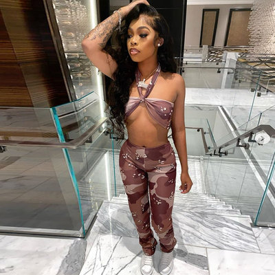 2021 new summer sexy halter tops 2 pieces women yoga set with long pant casual printed sportswear ladies workout fitness clothes
