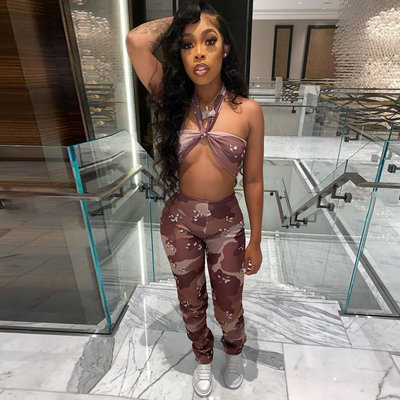 2021 new summer sexy halter tops 2 pieces women yoga set with long pant casual printed sportswear ladies workout fitness clothes