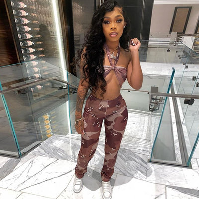 2021 new summer sexy halter tops 2 pieces women yoga set with long pant casual printed sportswear ladies workout fitness clothes