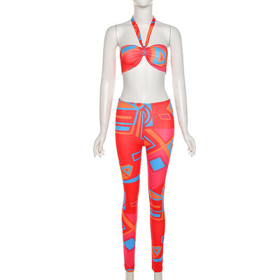 2021 new summer sexy halter tops 2 pieces women yoga set with long pant casual printed sportswear ladies workout fitness clothes