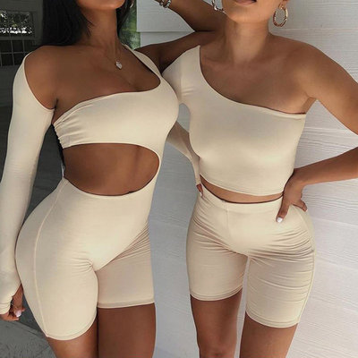 Women 2 Piece yoga Set Women One Shoulder fitness Clothing Bodysuit Sports Biker Rompers youth sportswear
