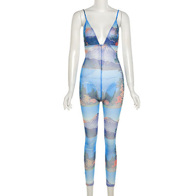 2021 Sexy deep V gauze see-through print breathable tight sports jumpsuit for summer women's sports wear