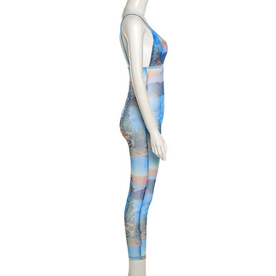 2021 Sexy deep V gauze see-through print breathable tight sports jumpsuit for summer women's sports wear