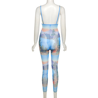2021 Sexy deep V gauze see-through print breathable tight sports jumpsuit for summer women's sports wear